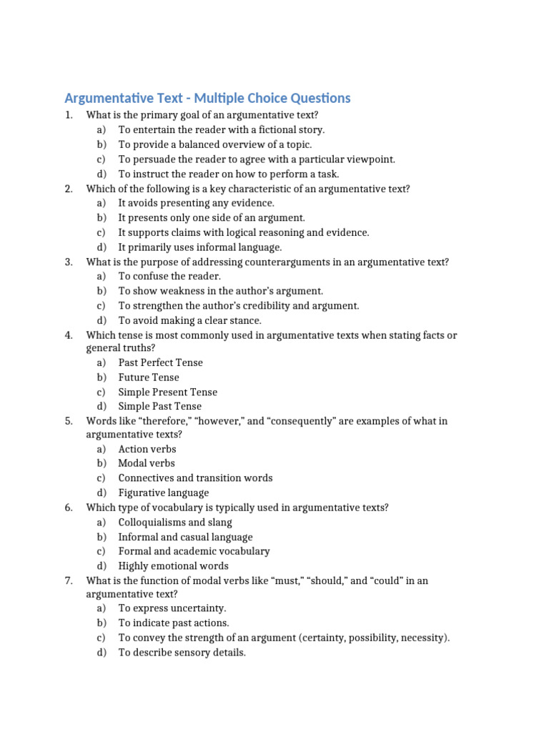 Argumentative Text MCQ Guide | PDF | Essays | Grammatical Tense