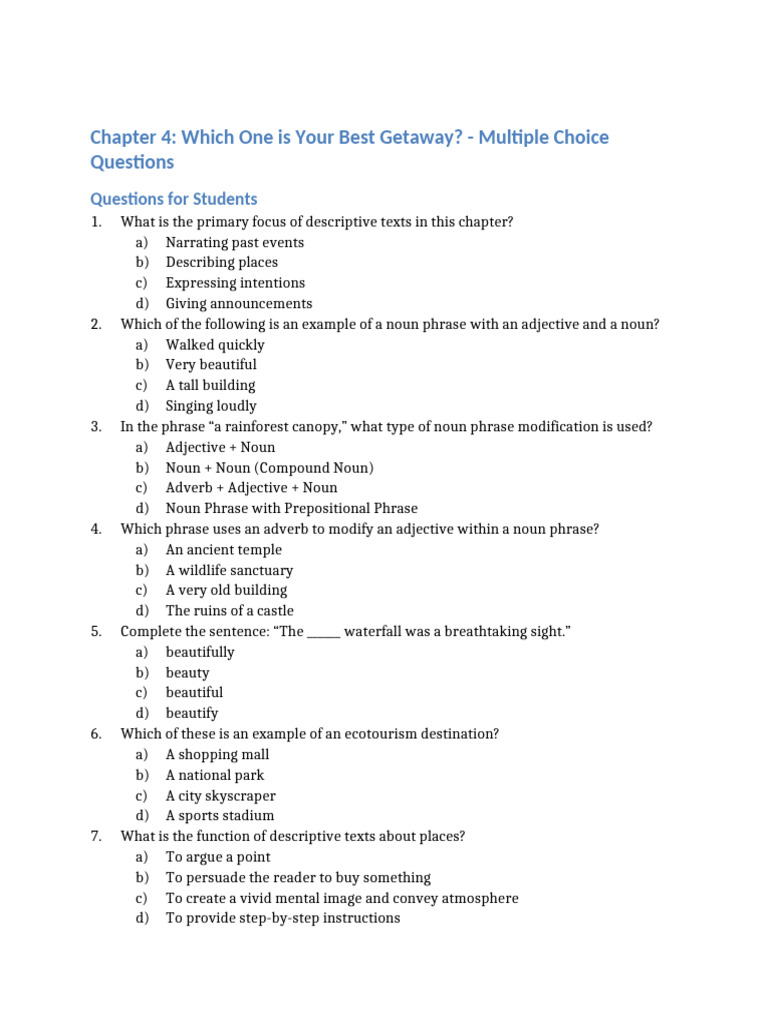 Chapter 4 Which One Is Your Best Getaway Questions For Students | PDF ...