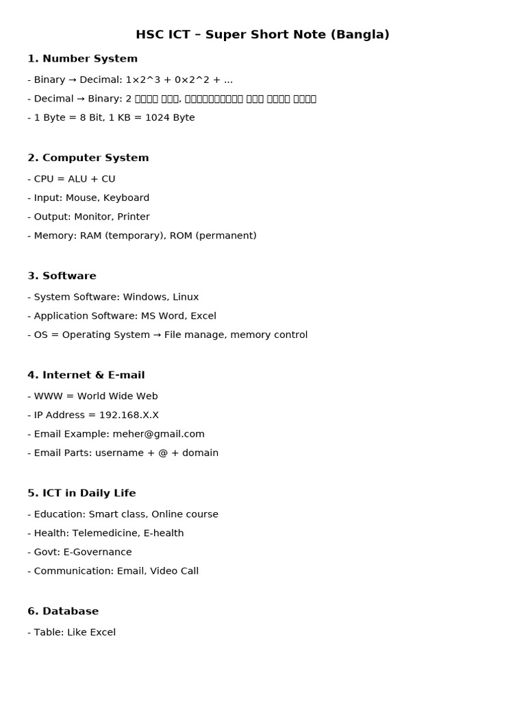 HSC ICT Super Short Notes Guide | PDF
