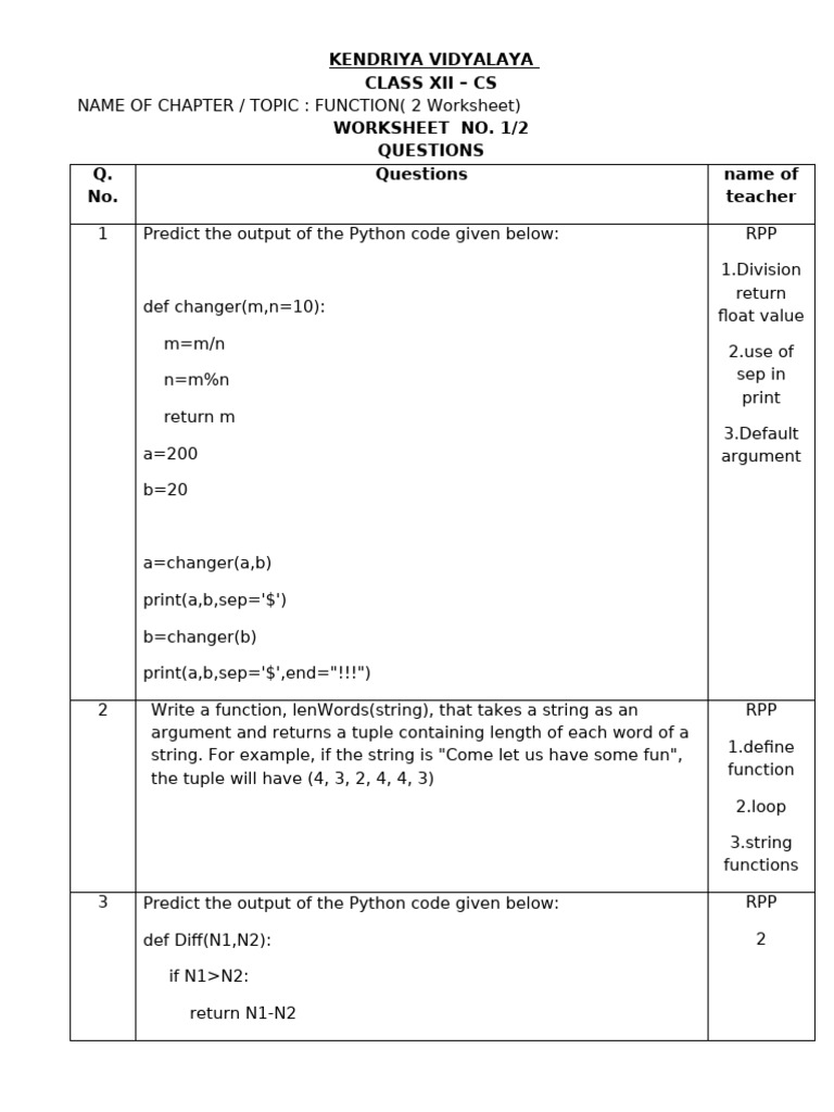 XII CS WORKSHEET Fun, Revtour - Textfile | PDF | Parameter (Computer Programming) | Scope ...