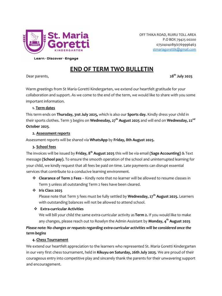 End of Term Bulletin for Parents 2025 | PDF
