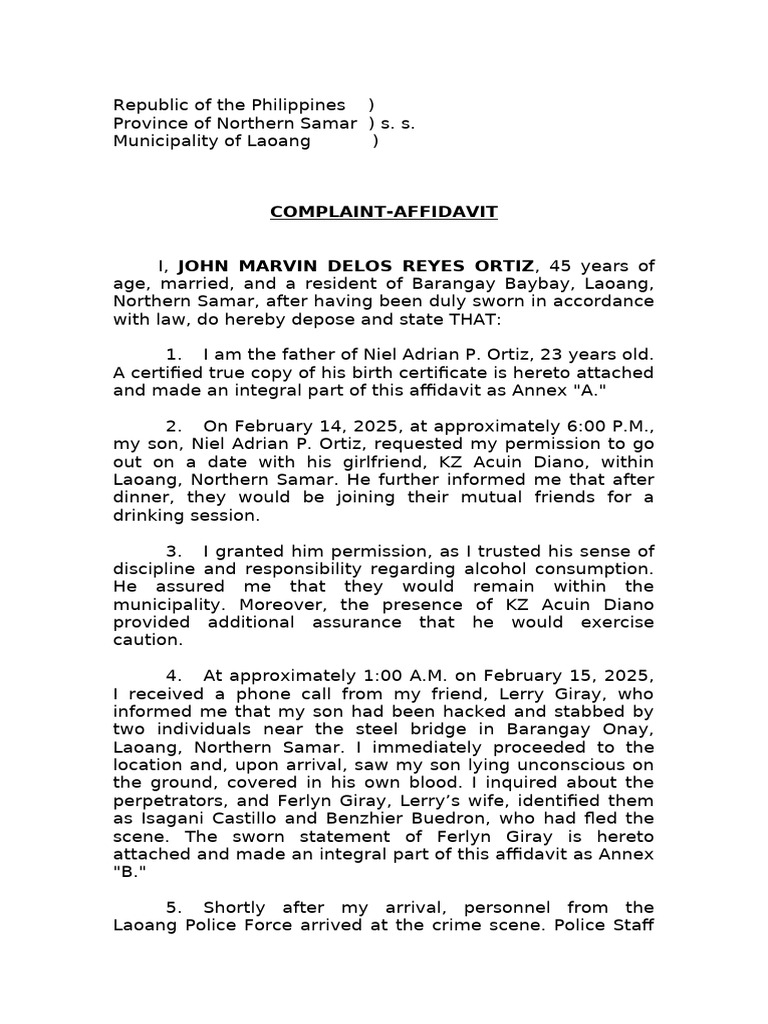 Murder Complaint in Laoang, Northern Samar | PDF | Affidavit | Perjury