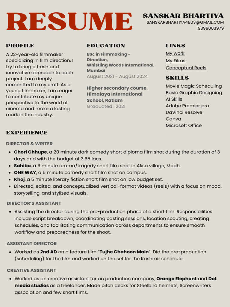 Sanskar Bhartiya Resume | PDF | Filmmaking