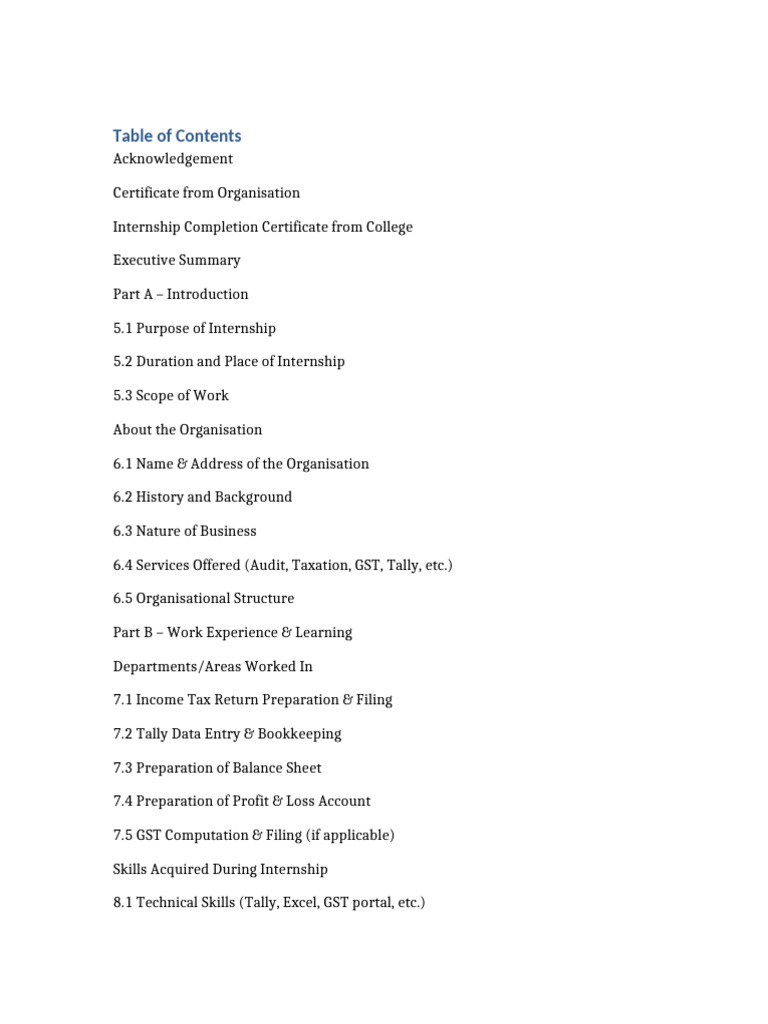 CA Internship Table of Contents | PDF