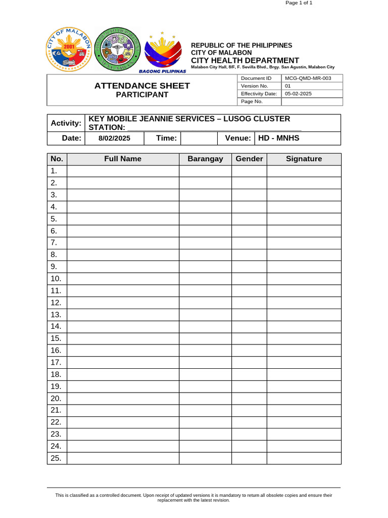 Malabon City Health Attendance Sheet | PDF