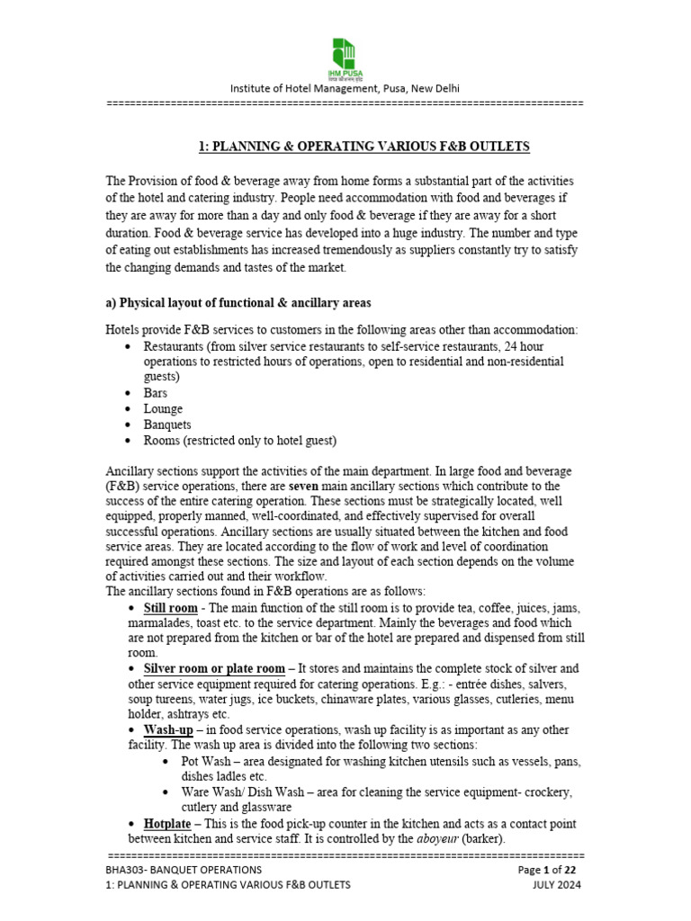F&B Outlet Planning and Operations Guide | PDF | Menu | Tableware