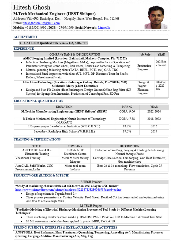 Mechanical Engineer Hitesh Ghosh Resume | PDF | Machining | Heat Treating