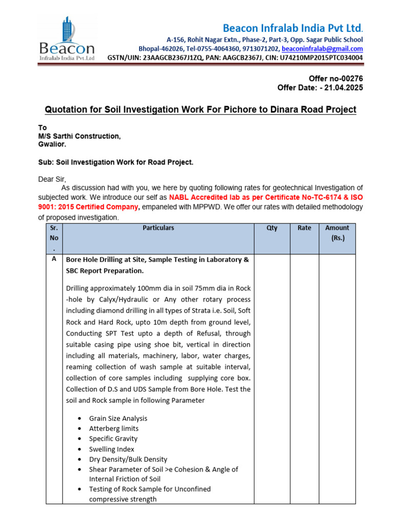 Soil Investigation Quotation for Road Project | PDF
