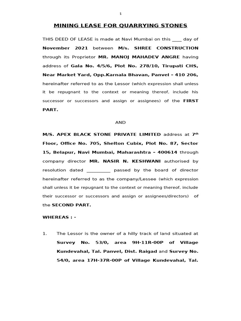 Quarry Lease Agreement Overview | PDF | Lease | Contract Law