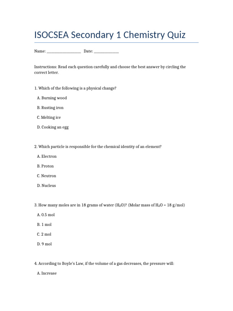 Secondary 1 Chemistry Quiz Guide | PDF