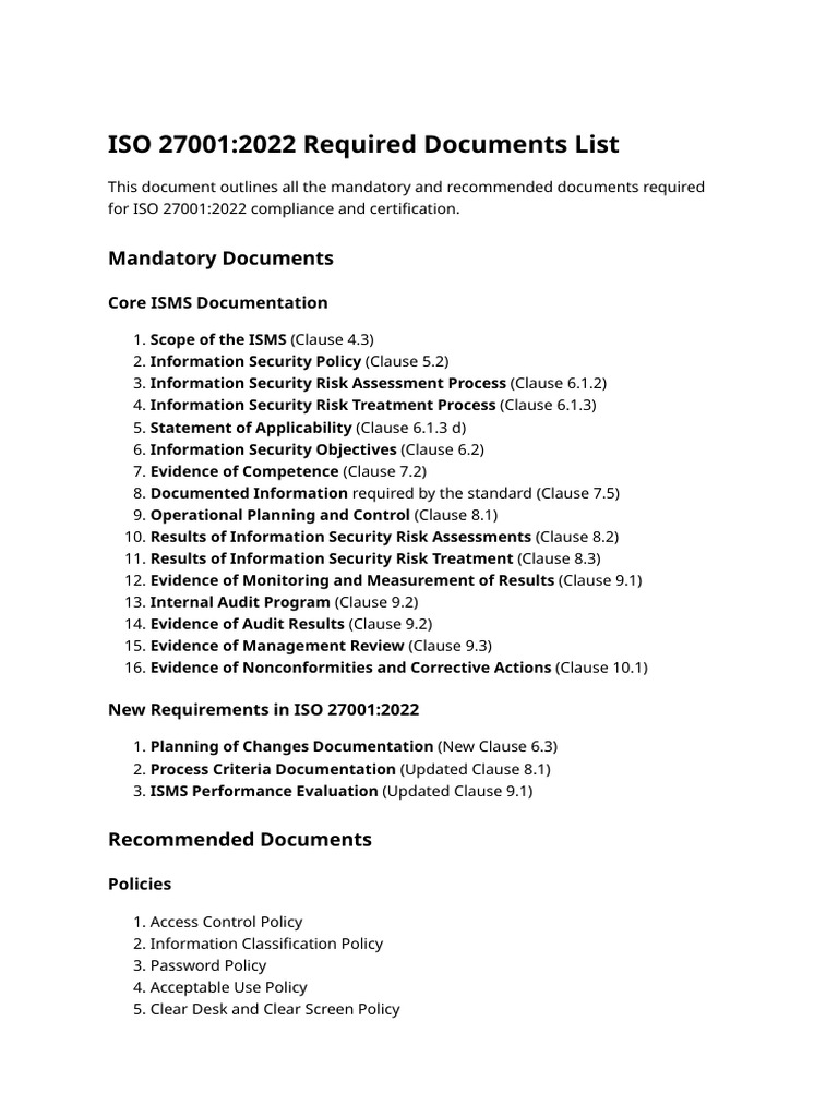 ISO 27001:2022 Mandatory Documents List | PDF | Information Security ...