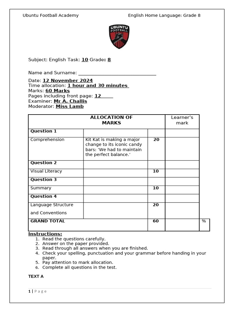 English Grade 8 November Exam 2024 | PDF | Nestlé | Verb
