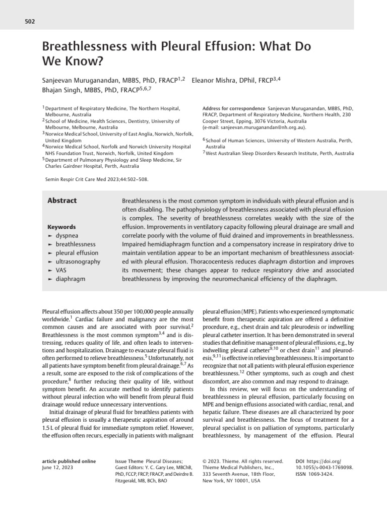 Breathlessness With Pleural Effusion: What Do We Know? | PDF | Lung ...