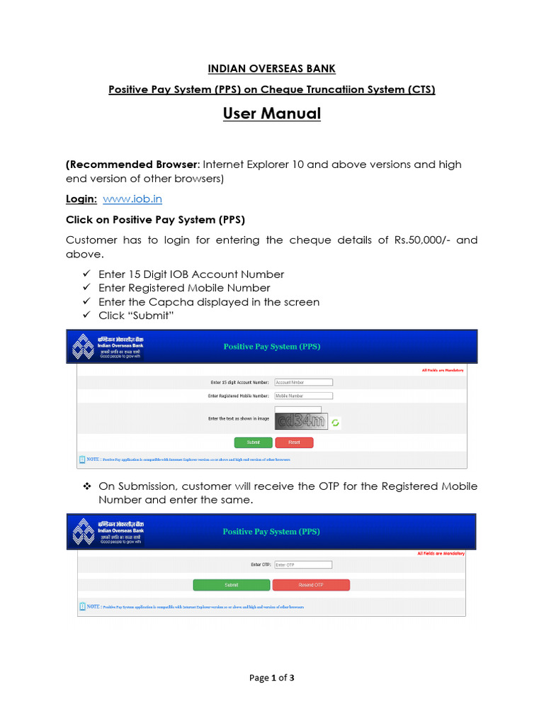 IOB Positive Pay System User Manual | PDF