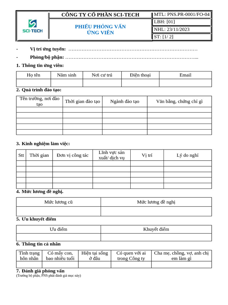 PNS - Pr-0001.fo-04 Phieu Phong Van Ung Vien | PDF