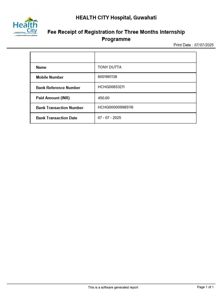 Internship Payment Receipt - Health City | PDF