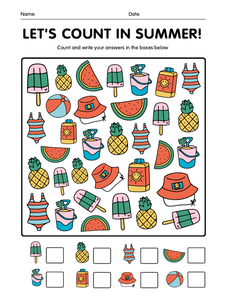 Summer Counting Activity Worksheet in Colorful and Monochromatic Simple ...
