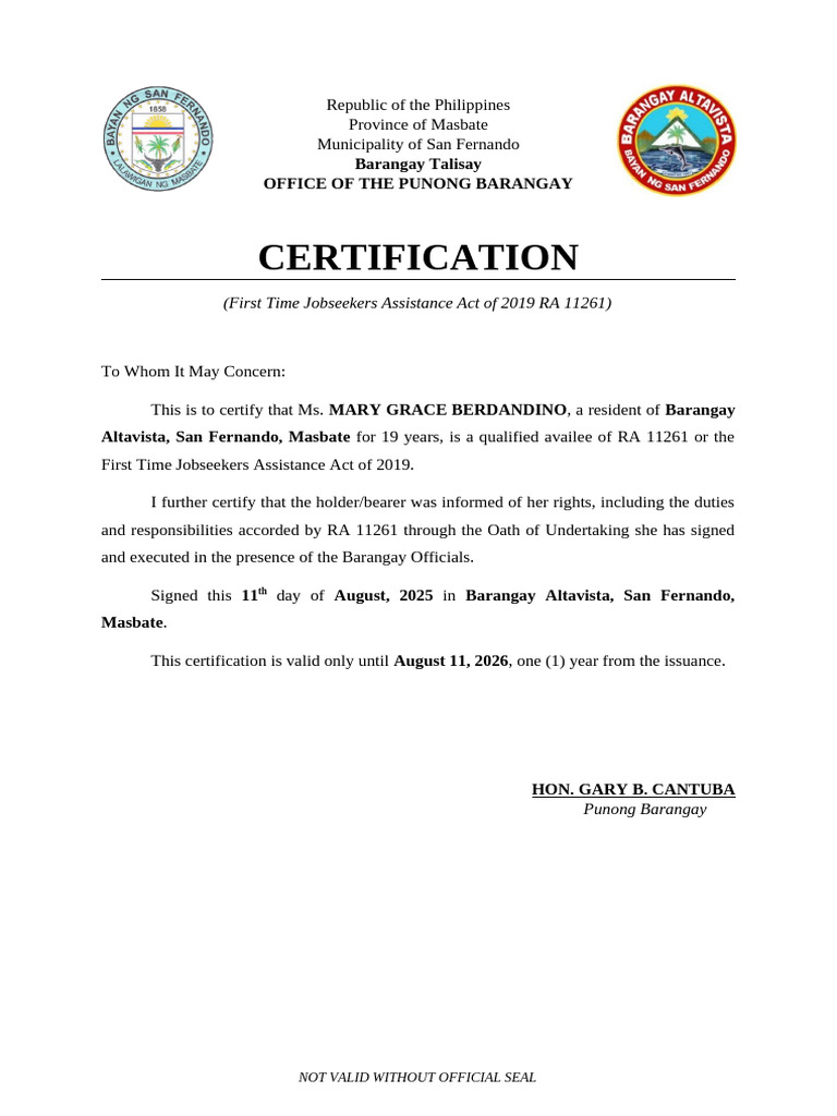 Certification - First Time Job Seekers | PDF