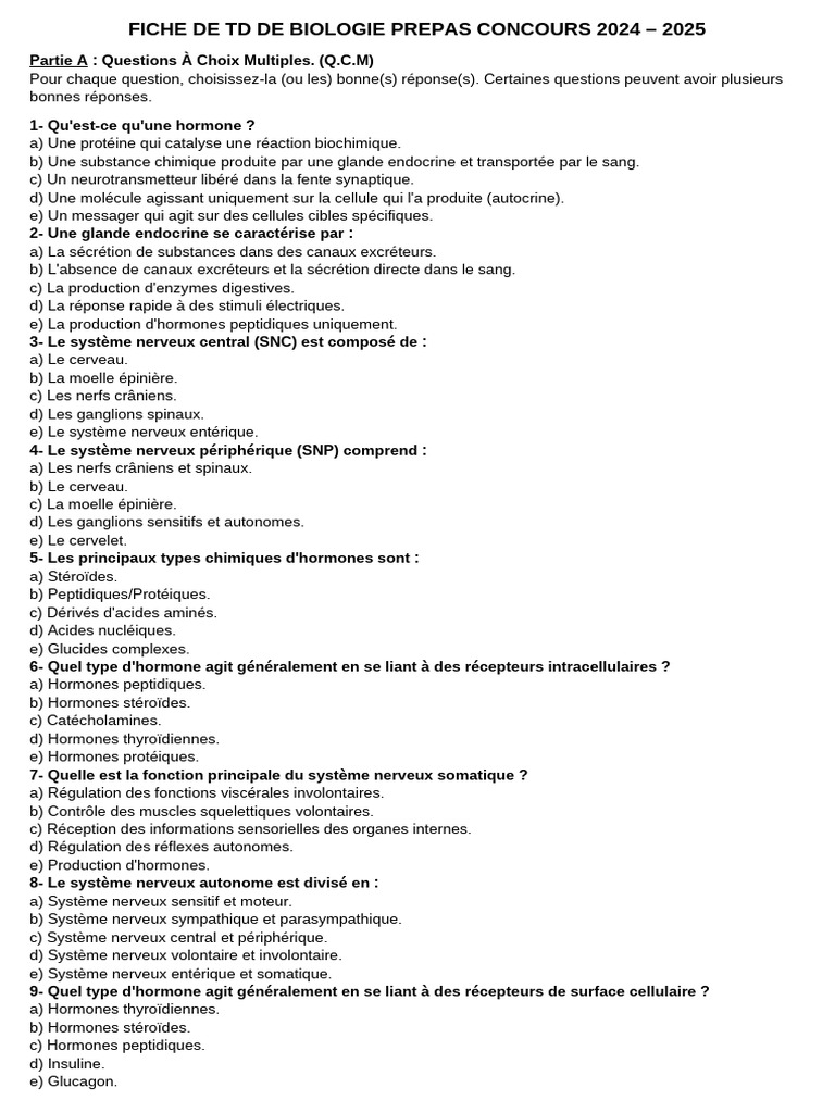QCM Biologie Prépas Concours 2024-2025 | PDF | Système nerveux ...