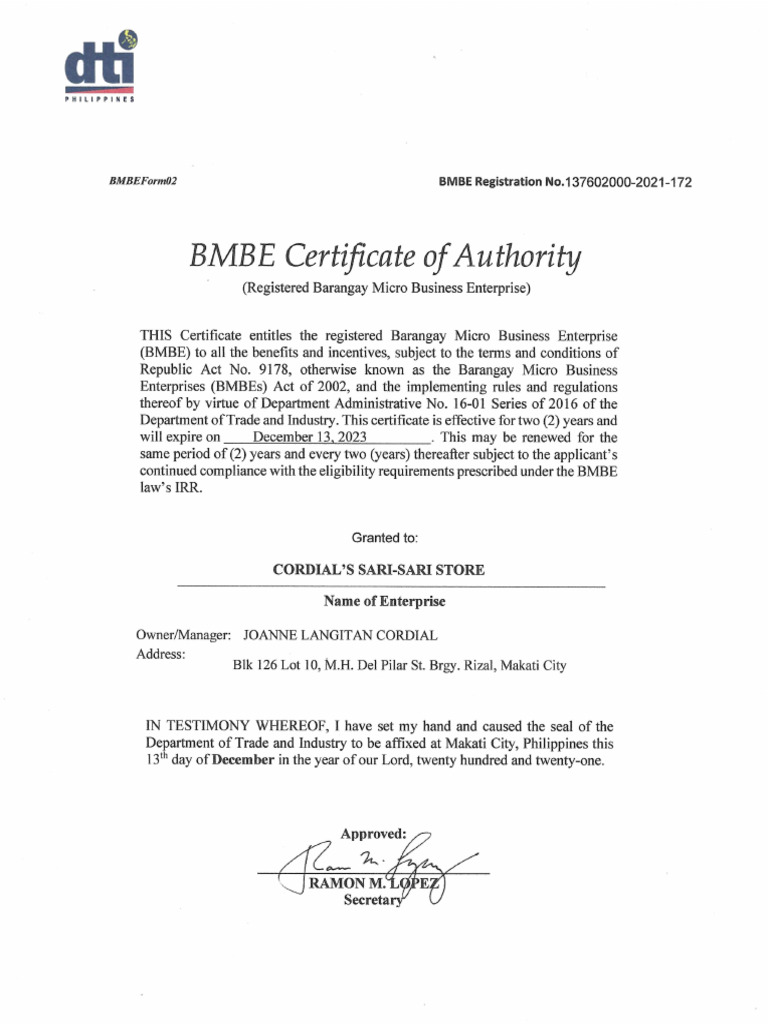 BMBE Certificate of Authority | PDF