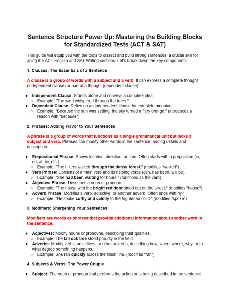 Sentence Structure Lesson | PDF | Verb | Phrase