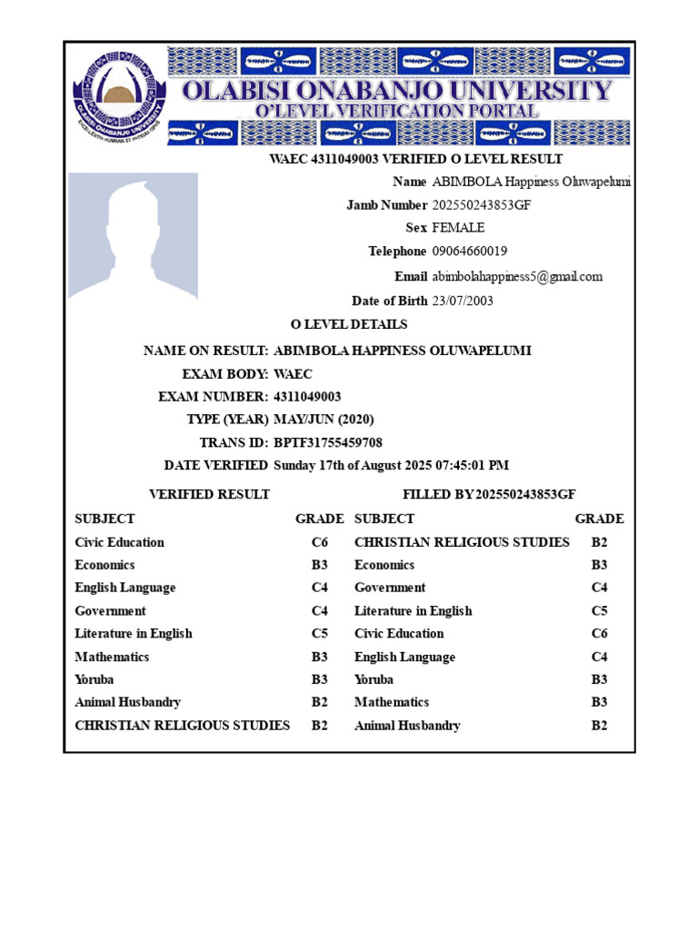 WAEC O Level Result for Abimbola Happiness | PDF