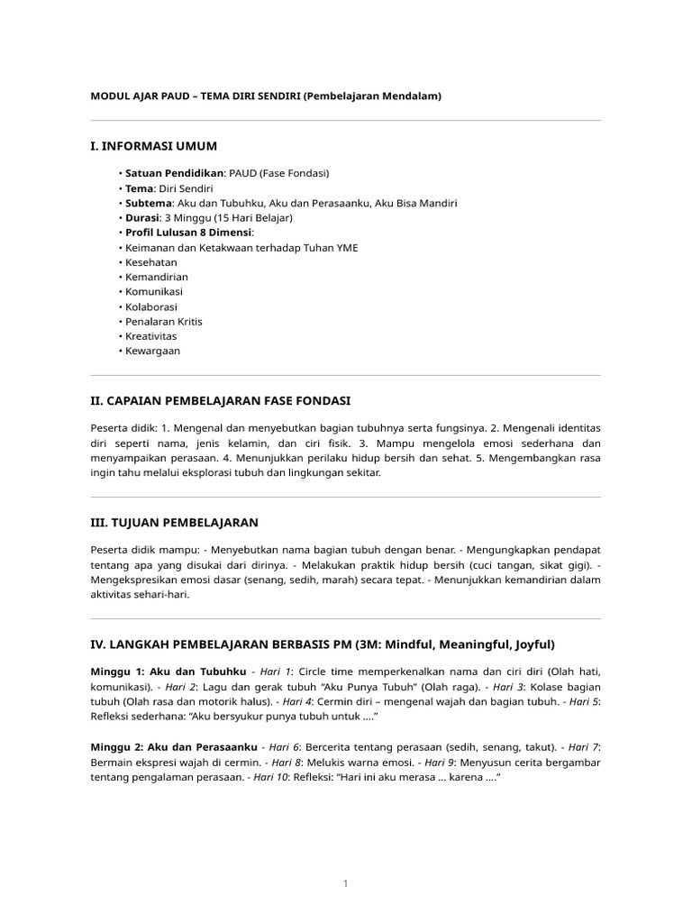 Modul PAUD: Mengenal Diri Sendiri | PDF