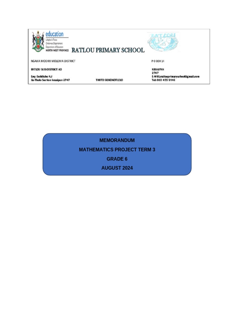 Grade 6 Mathematics Project August 2024 | PDF