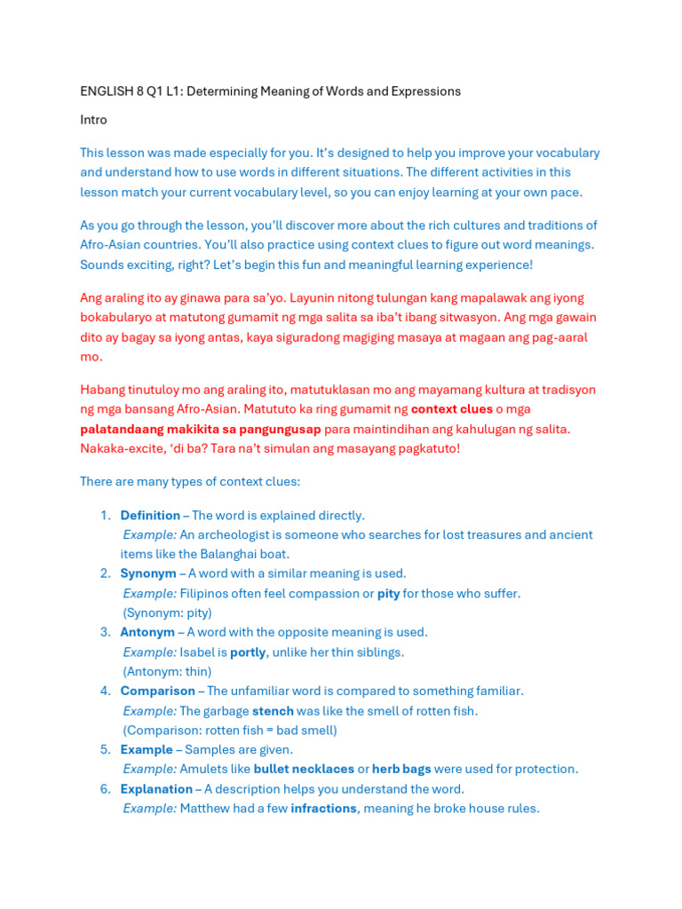 Eng 8 q1 l1 Determining Meaning of Words and Expressions | PDF