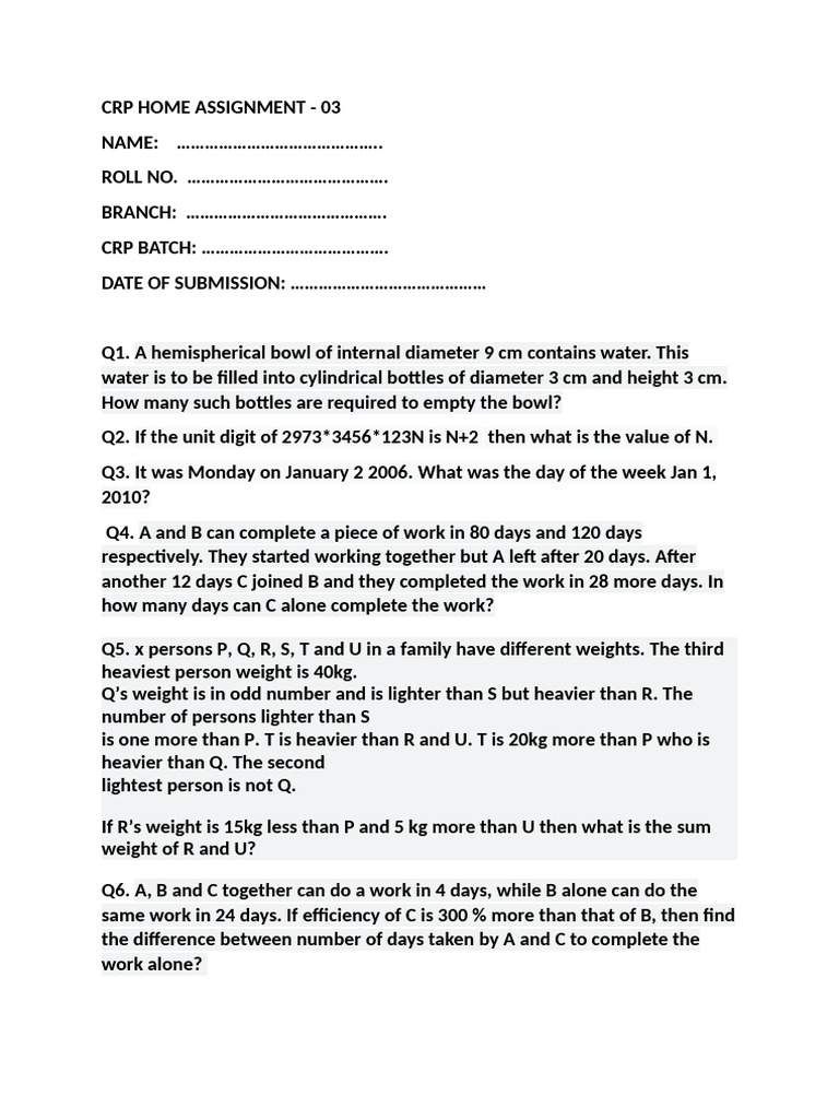 CRP Home Assignment Questions and Solutions | PDF