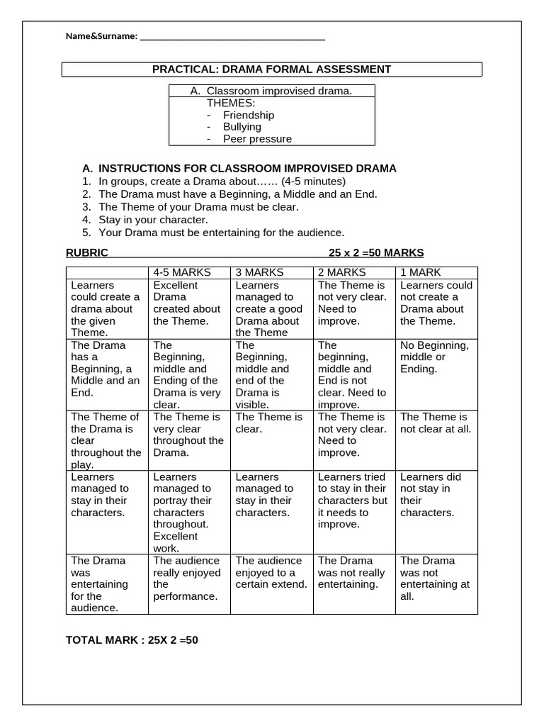 Grade 3 Drama Assessment Rubric | PDF