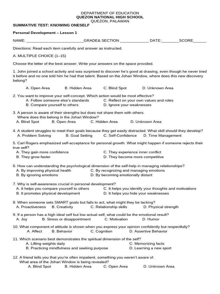 Summative Test on Personal Development | PDF | Self Concept | Self Esteem