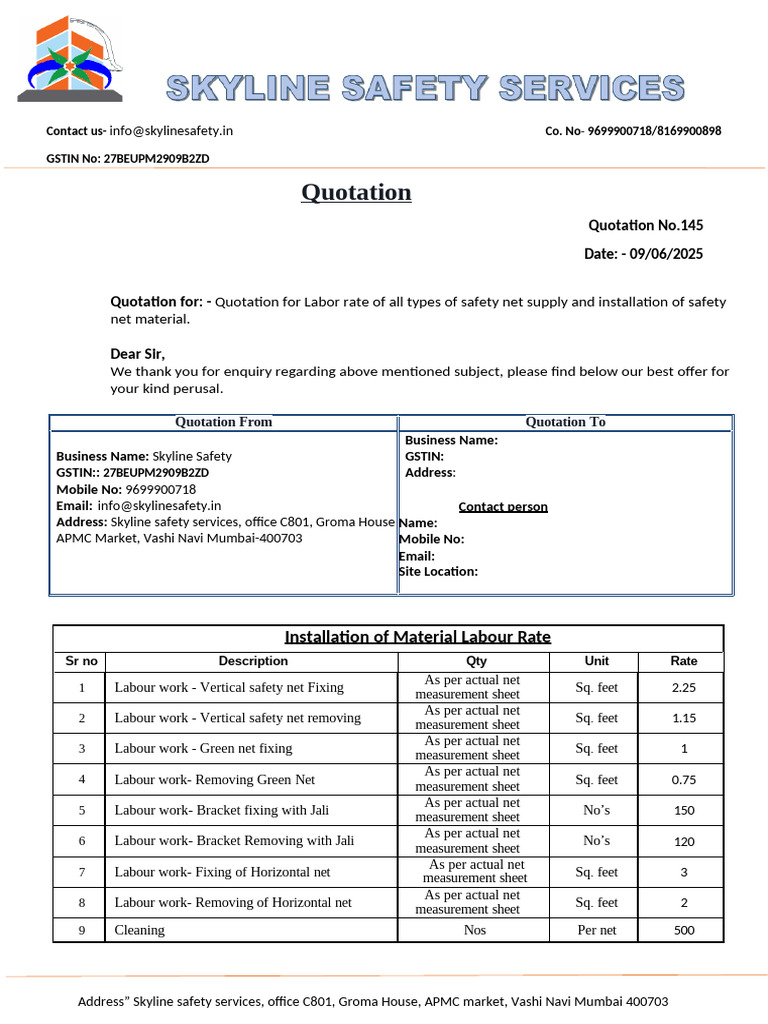 Quotation Sample Skyline Safety | PDF | Rope