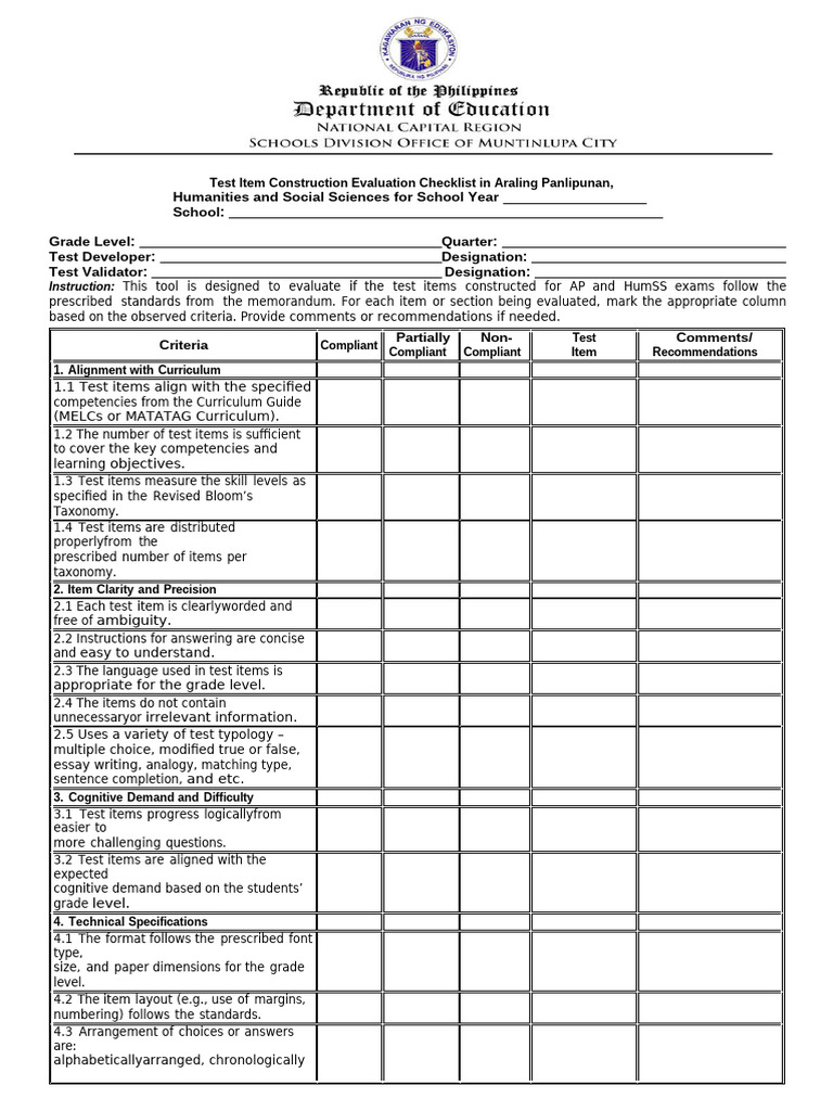 Test Item Construction Evaluation Checklist in AP and HumSS | PDF ...