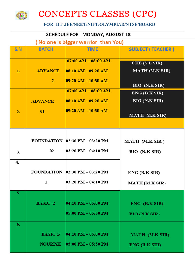 Concepts Classes Schedule 18 Aug 2025 | PDF