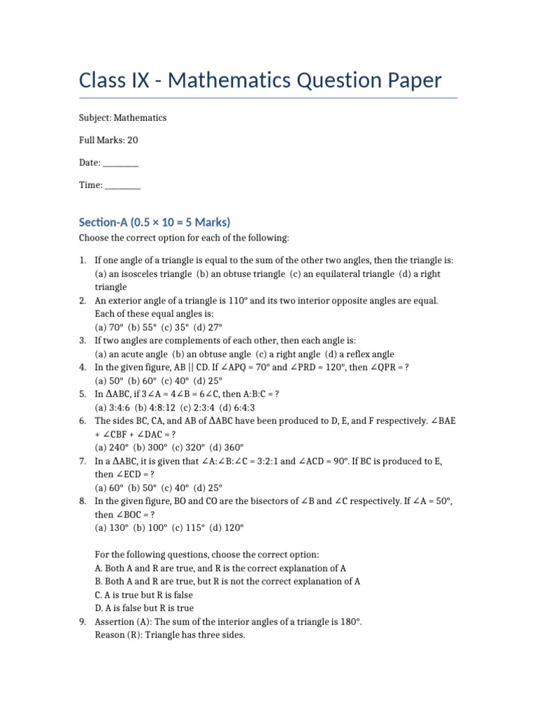 Class IX Mathematics Question Paper | PDF | Euclidean Plane Geometry ...