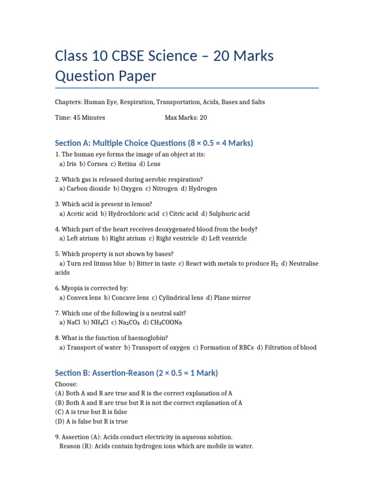 Class 10 CBSE Science Question Paper | PDF | Acid | Blood