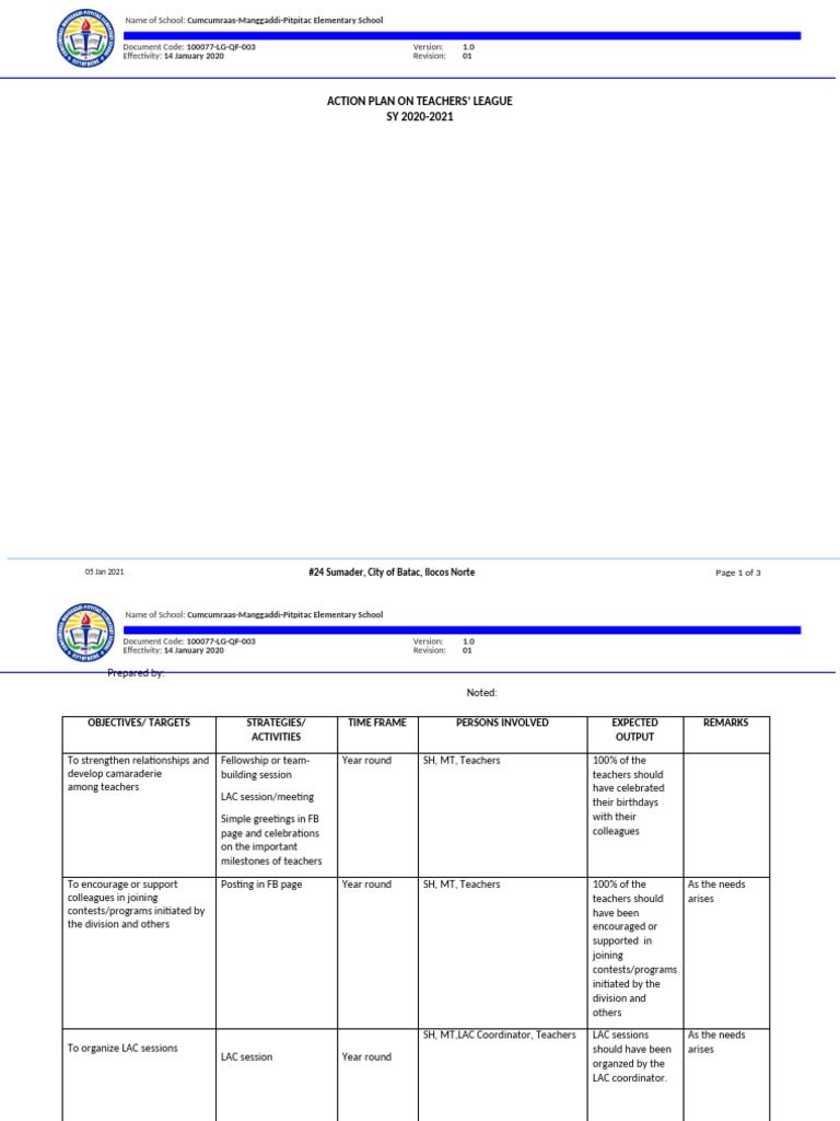 Action Plan Teachers League | PDF