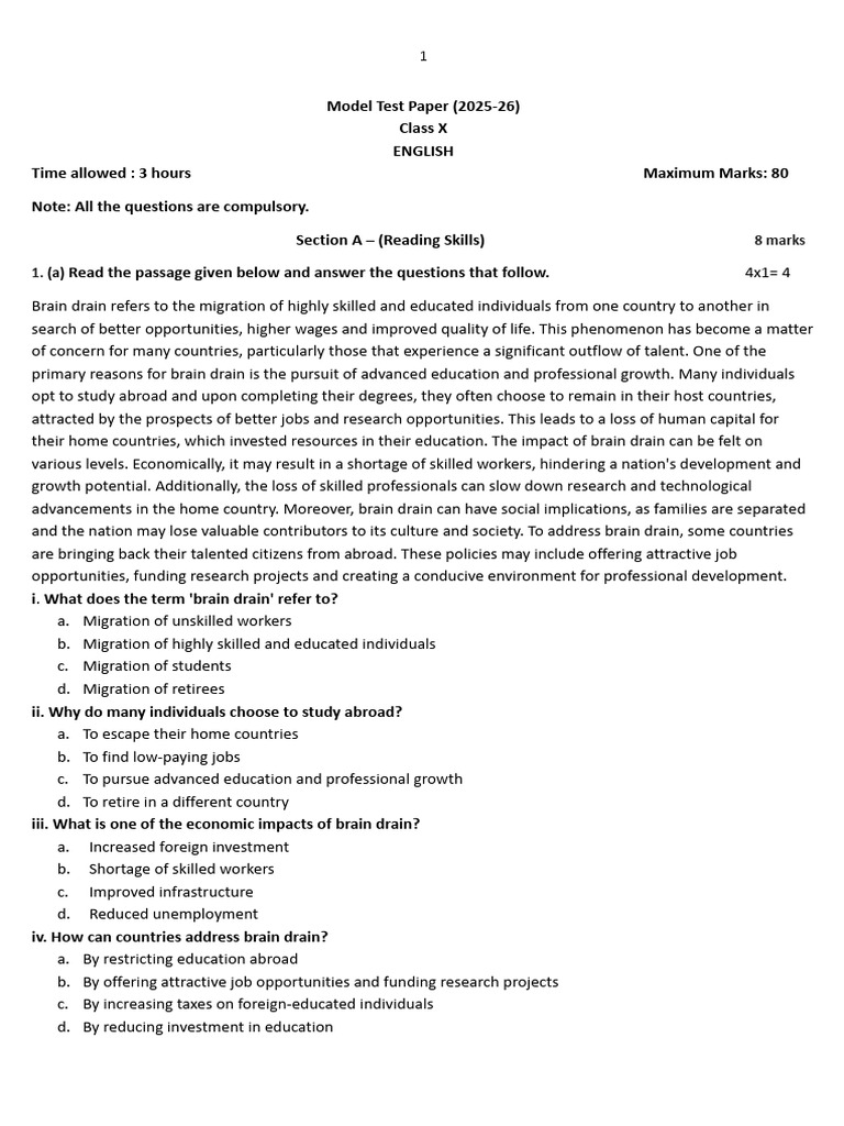 10th English Model Test Paper 2025-26 | PDF | Human Capital Flight