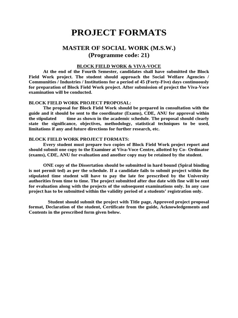 MSW Project Report Format For PG 2nd Year 4th Sem Students | PDF | Thesis | Educational Stages