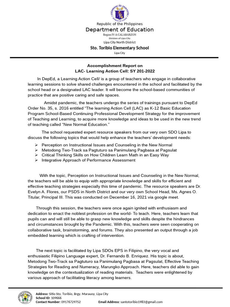 LAC Accomplishment Report: SY 2021-2022 | PDF | Teachers | Learning