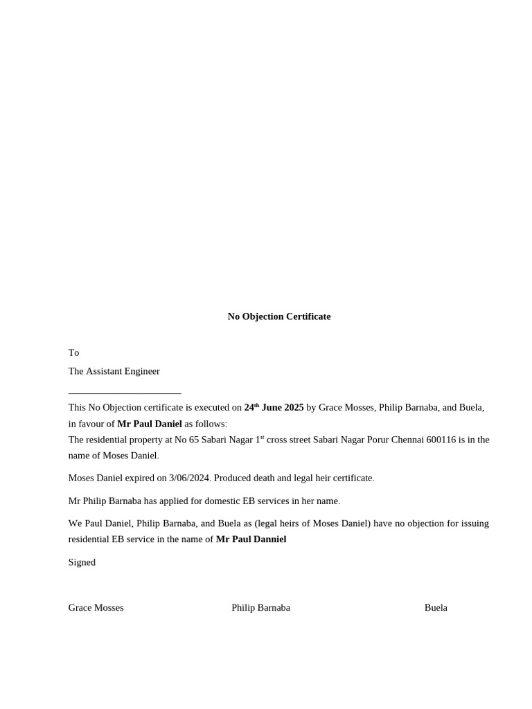 No Objection Certificate for EB Services | PDF