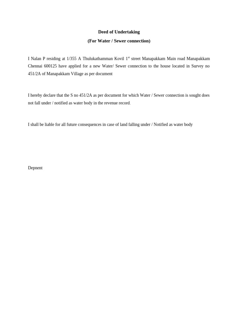 Water/Sewer Connection Deed of Undertaking | PDF
