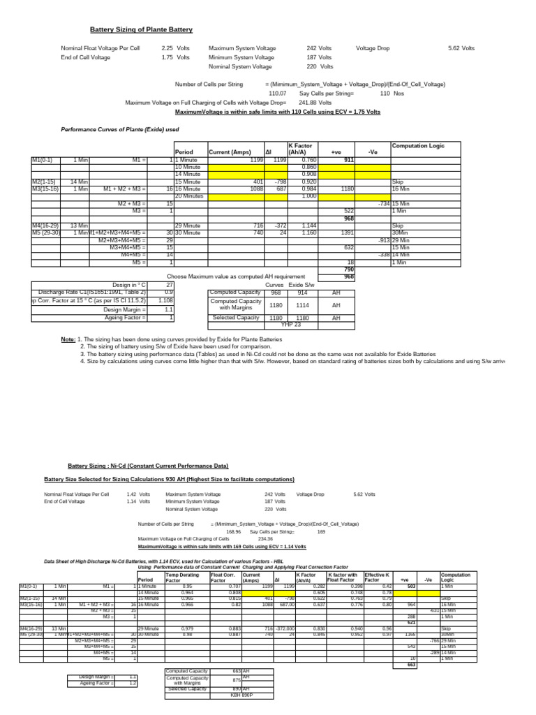 Plante Battery Sizing Calculations Pdf Physical Quantities