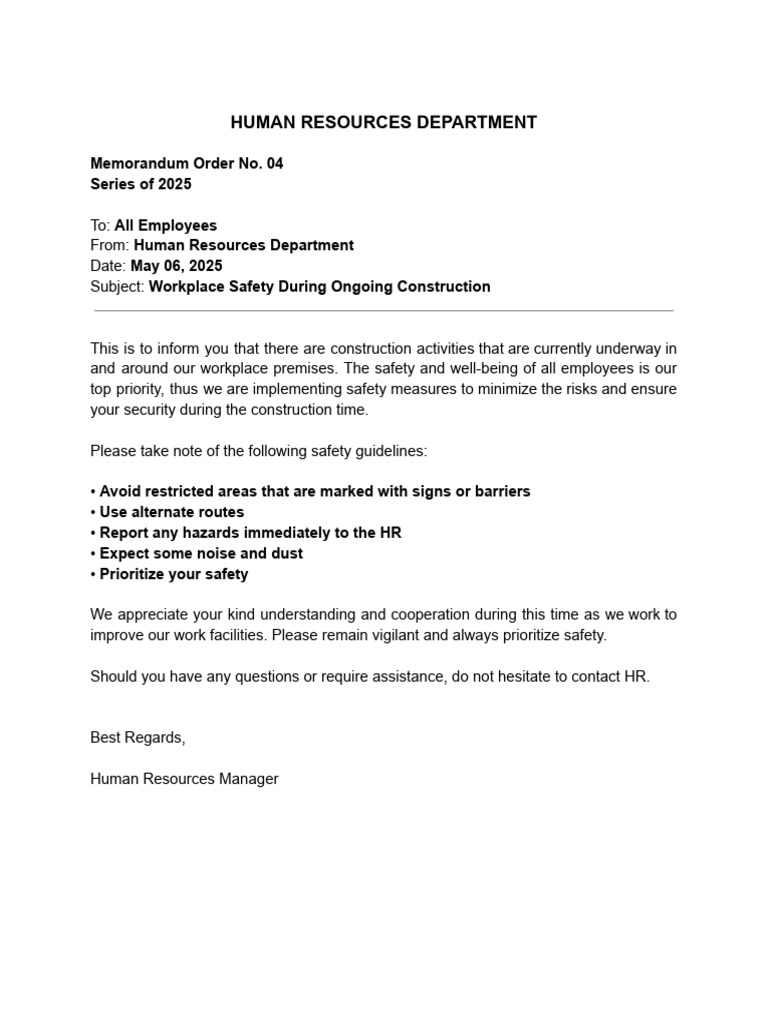Construction Safety Memo for Employees | PDF