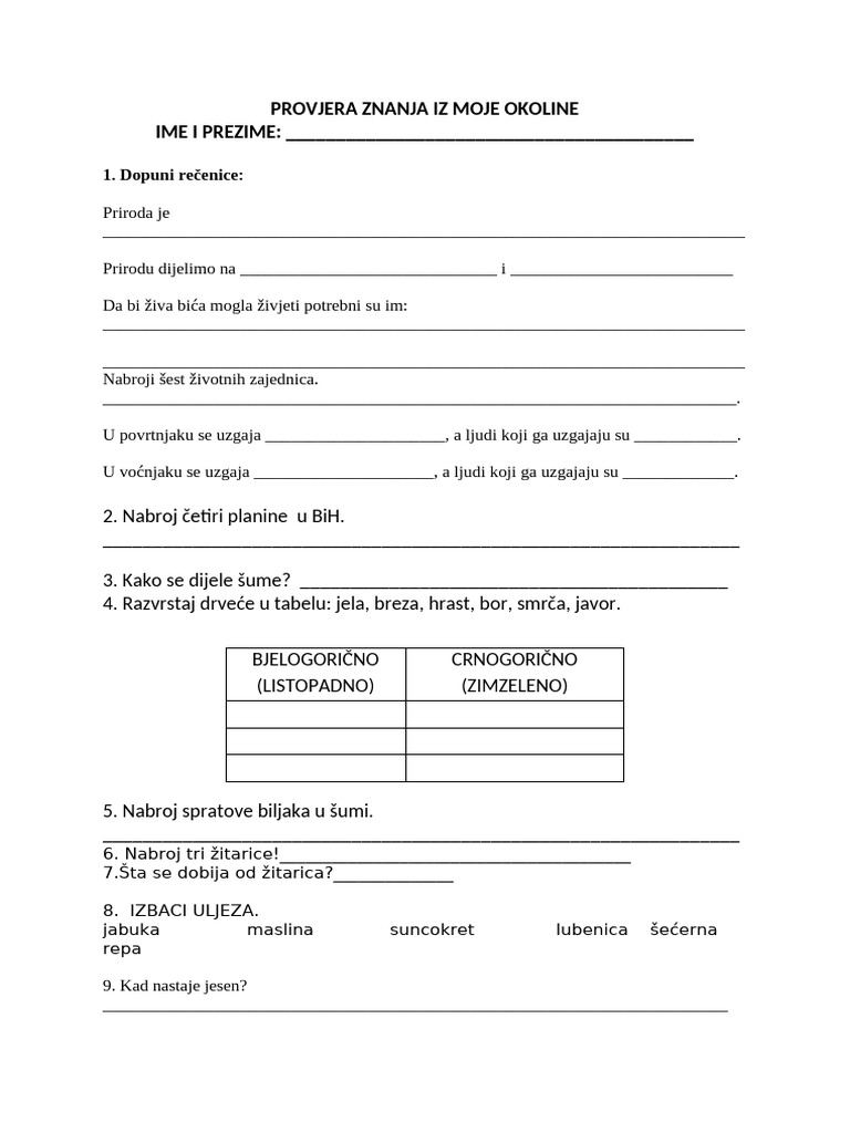Provjera Znanja Iz Moje Okoline | PDF