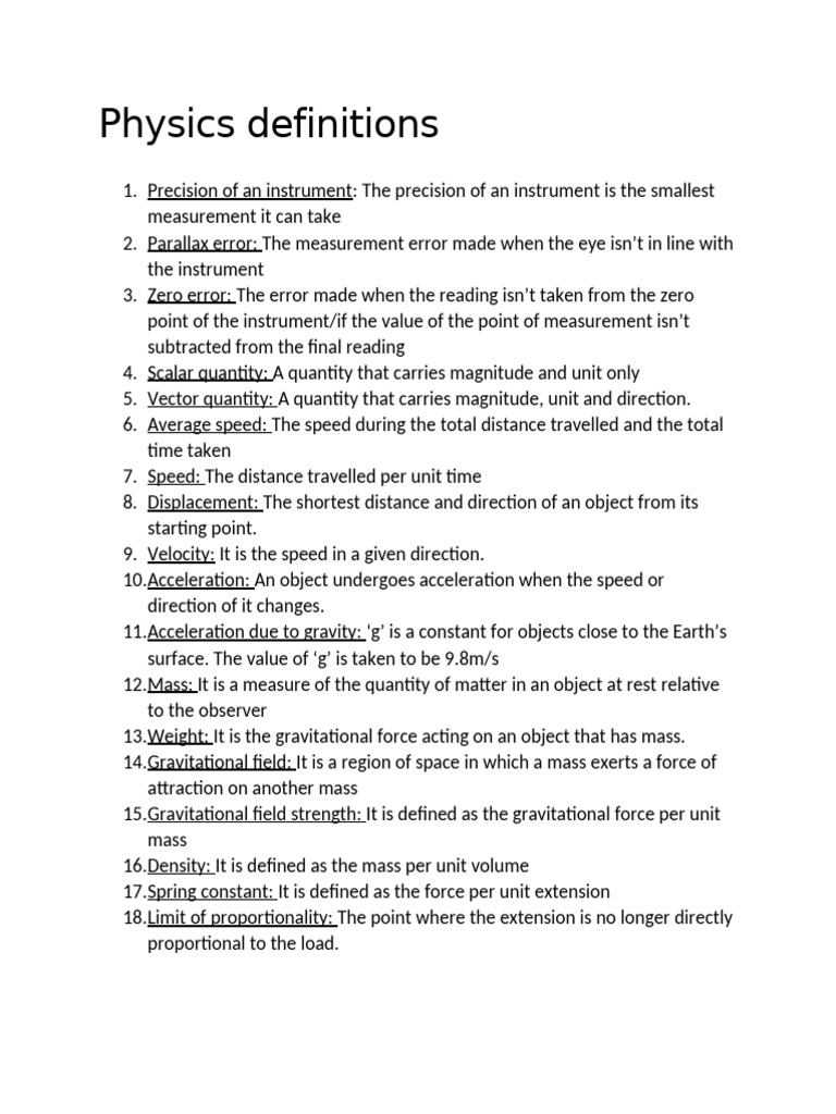 Physics Definitions and Formulas | PDF