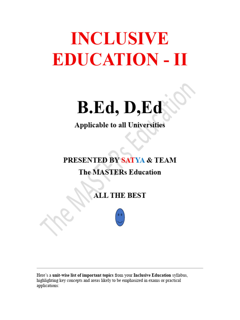 Bed 4 Sem Inclusive Education Notes by Satya | PDF | Inclusion ...