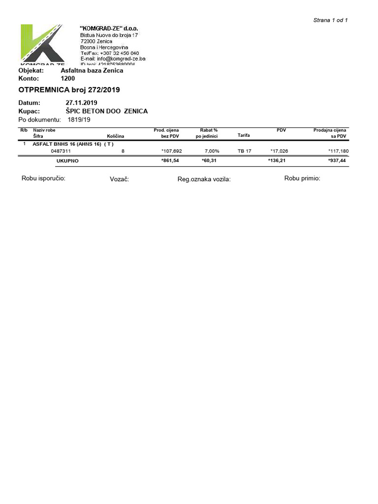 10) Otpremnica Uz Fakturu-Špic | PDF