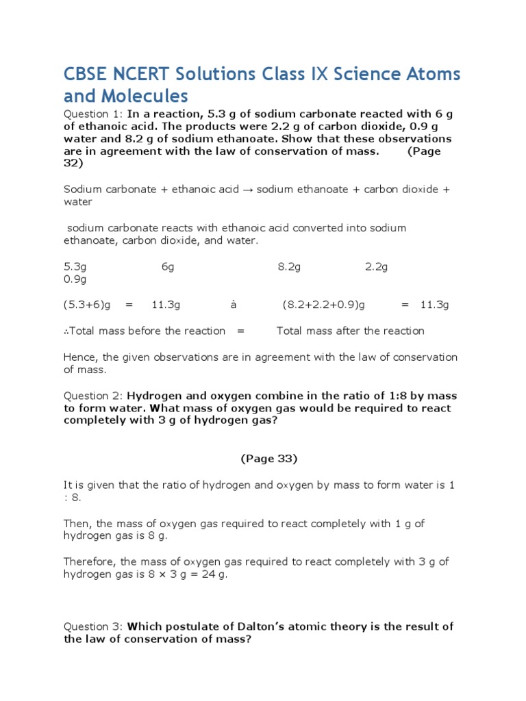 CBSE NCERT Solutions Class IX Science Atoms and Molecules | PDF | Mole ...